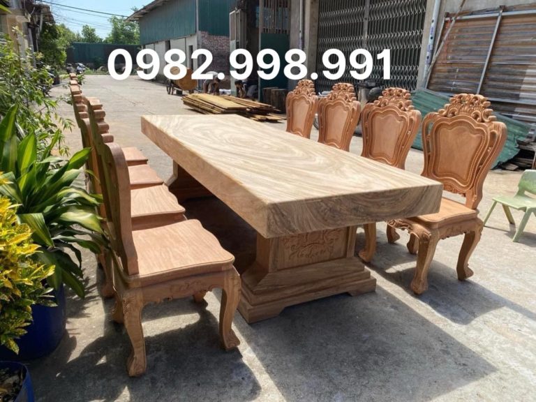 Bộ bàn ăn nguyên khối gỗ gõ ghế hoàng gia Louis Tân cổ điển